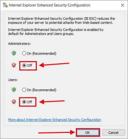 Disable Enhanced Security in Internet Explorer on Windows Server 2019