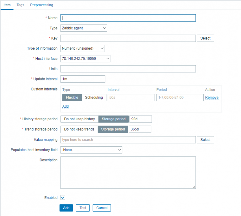 Creating and configuring Zabbix hosts and items