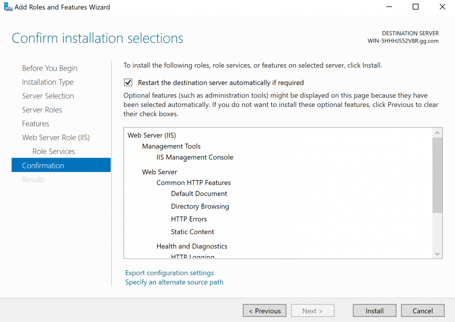 Configurez IIS Serveur Web activé Windows Server
