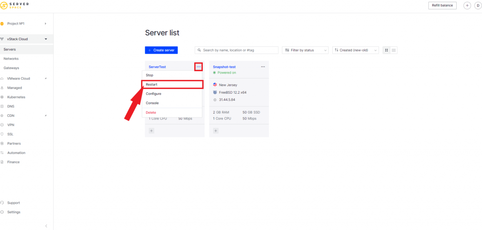 How to reboot a server in the Serverspace control panel - Serverspace.io