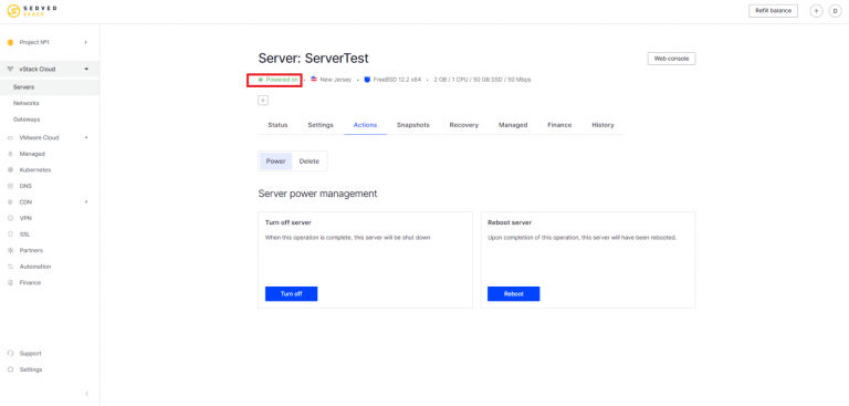 How to reboot a server in the Serverspace control panel - Serverspace.io