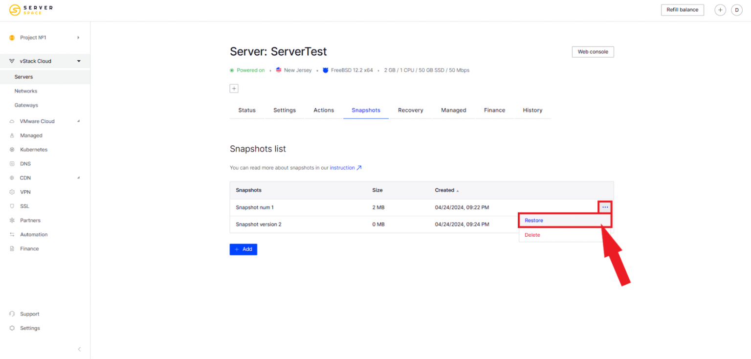How to create a server snapshot - Serverspace.io