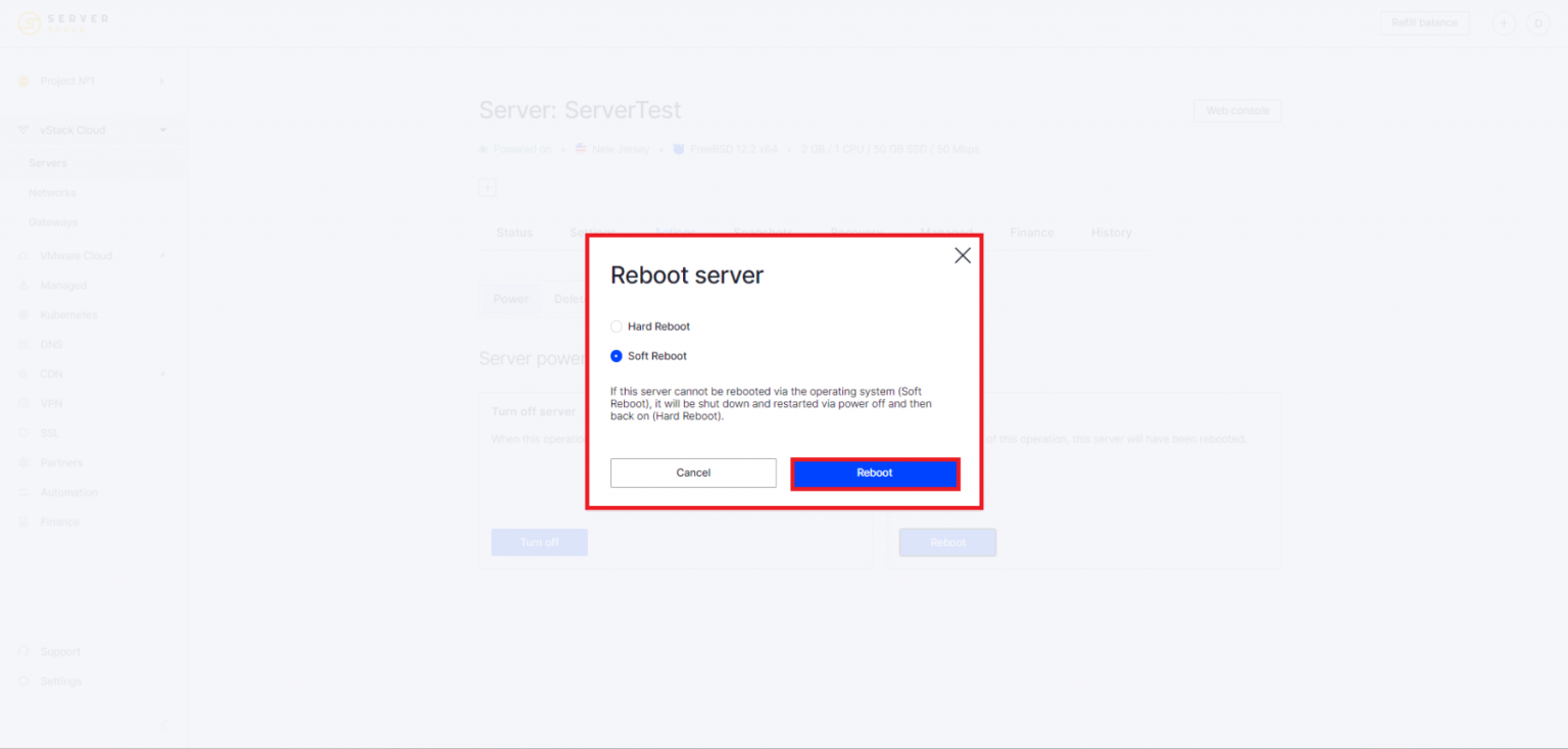 How to reboot a server in the Serverspace control panel - Serverspace.io