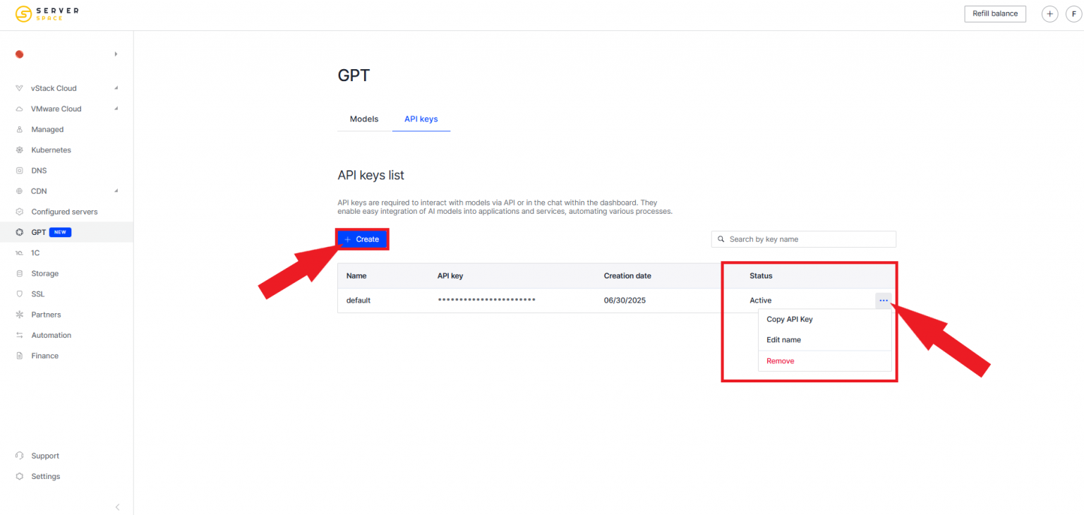¿Dónde puedo encontrar el GPT? API in Serverspace ¿Panel de control? - Serverspace. Y